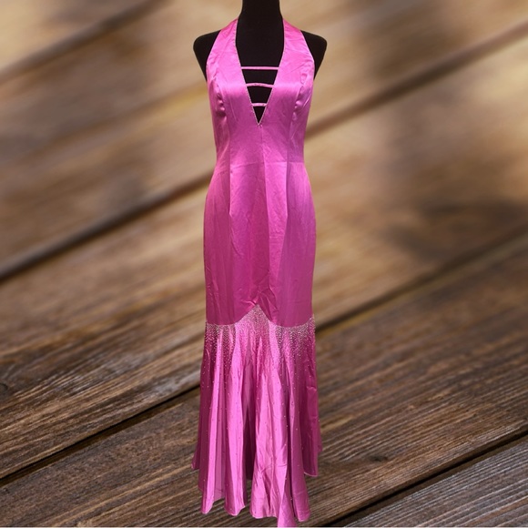 flip | Dresses | Flip Hot Pink Halter Neck Low Back Beaded Satin Dress ...